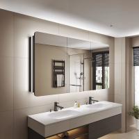 China Kingstin Modern Aluminum Bathroom Mirror Cabinet LED Backlit Smart Vanity Mirror With Cosmetic Storage Rack for sale