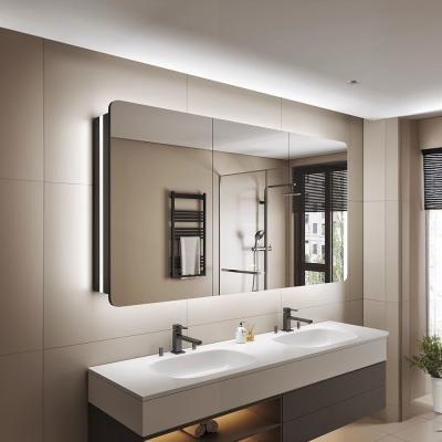 China Kingstin Modern Aluminum Bathroom Mirror Cabinet LED Backlit Smart Vanity Mirror With Cosmetic Storage Rack for sale