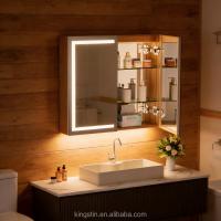 China Kingstin Modern Bathroom LED Mirror with Built-in Storage Cabinet Double Door Illuminated Vanity Mirror for Small Toilet for sale