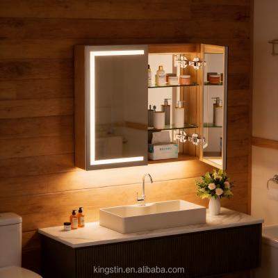 China Kingstin Modern Bathroom LED Mirror with Built-in Storage Cabinet Double Door Illuminated Vanity Mirror for Small Toilet for sale