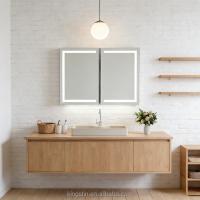 China Kingstin Modern Bathroom LED Mirror with Built-in Storage Cabinet Double Door Illuminated Vanity Mirror for Small Toilet for sale