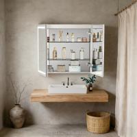 China Kingstin Modern Bathroom LED Mirror with Built-in Storage Cabinet Double Door Illuminated Vanity Mirror for Small Toilet for sale