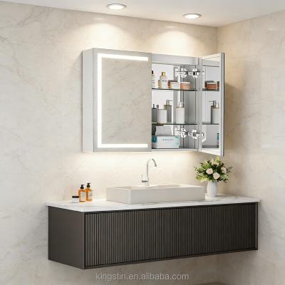 China Kingstin Space-Saving Bathroom Mirror with LED Lights & Built-in Storage Cabinet Single Door for Modern Toilet Vanity for sale