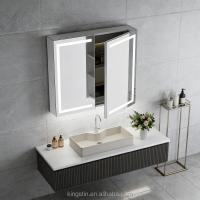 China Kingstin LED Lighted Bathroom Mirror Cabinet Wall-Mounted Double Door with Storage & Anti-Fog Illuminated Vanity Mirror for sale