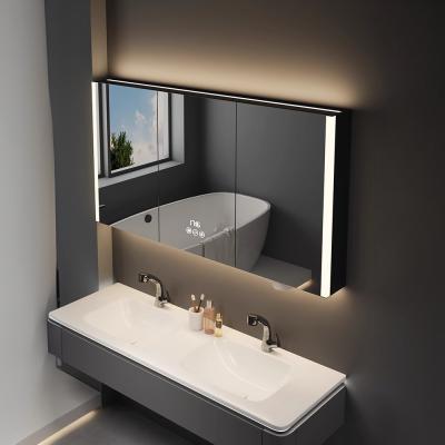 China Luxury Modern LED Mirror Cabinet Anti-Fog Water Resistant Wall-Mounted Acrylic Metal Illuminated Bathroom Medicine Storage for for sale