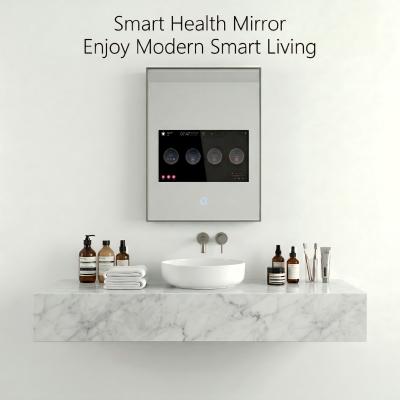 China Kingstin Custom Smart Mirror Cabinet Android TV Screen Stainless Steel Bathroom Vanity WiFi Weather Health Monitor Video Player for sale