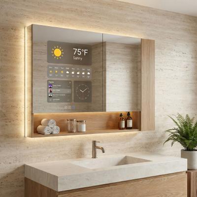 China Kingstin Smart Solid Wood Mirror Cabinet Bathroom Storage TV Screen Android Touch LED Light Anti-Fog for sale