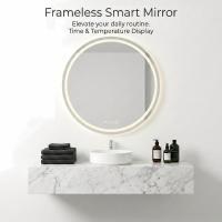 China Kingstin Modern Frameless Round LED Smart Mirror | Anti-Fog & Custom Time Display | Luxury Stainless Steel Bathroom Vanity for sale
