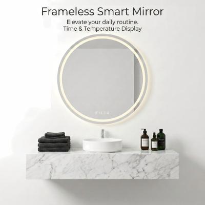 China Kingstin Modern Frameless Round LED Smart Mirror | Anti-Fog & Custom Time Display | Luxury Stainless Steel Bathroom Vanity for sale