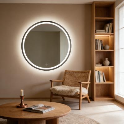 China Kingstin Smart LED Round Mirror with Dimmable Light Touch Control Time Display Anti-Fog for Bathroom Living Room for sale