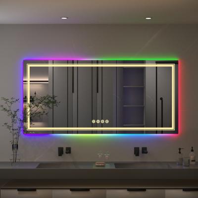 China Modern Luxury Frameless LED Backlit Bathroom Anti-Fog Rectangular Touch Screen RGB Color Changing Feature IP44 Rated for Hotels for sale