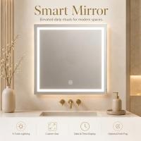 China Kingstin Square LED Bathroom Mirror, Dimmable 3-Color Light, Anti-Fog, Custom Size & Time Display Smart Vanity Mirror for sale