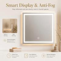 China Kingstin Square LED Bathroom Mirror, Dimmable 3-Color Light, Anti-Fog, Custom Size & Time Display Smart Vanity Mirror for sale