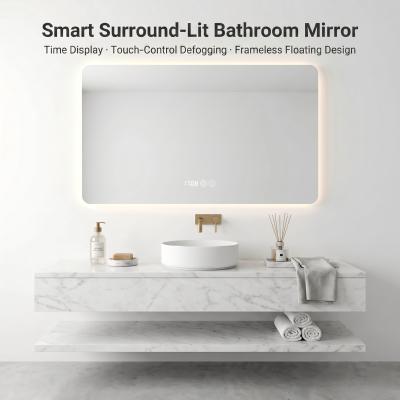China Kingstin Smart Backlit Bathroom Mirror, Anti-Fog Frameless LED Mirror with Time Display, 3 Color Dimmable, Customizable Size for sale