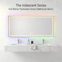 China Kingstin RGB LED Smart Bathroom Mirror Frameless Iridescent Backlit Anti-Fog Bluetooth Time Date Mirror Modern Decor for sale