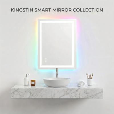 China Kingstin Frameless LED Bathroom Mirror with RGB Backlight, Anti-Fog Wall Mounted Smart Vanity Mirror with Touch Control for sale