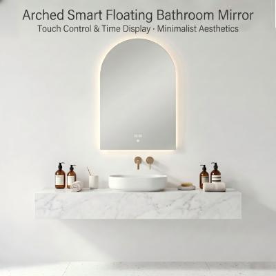 China Kingstin Arched LED Bathroom Mirror Frameless Smart Wall Mirror with 3 Colors, Anti-Fog, Time Display, Dimmable for sale