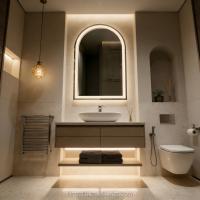 China Customized High-quality Hotel Arched Bathroom Wall Mounted Intelligent Defogging Mirror LED Backlit Decorative Shower Mirror for sale