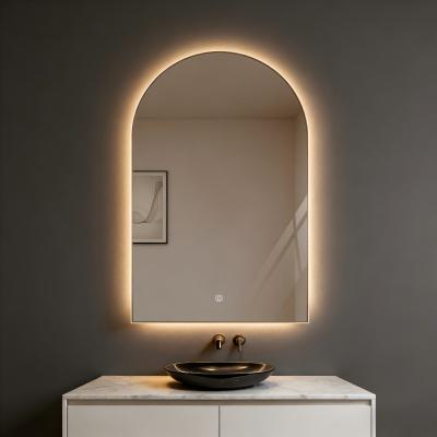 China Vintage French Aluminum Alloy Wall-Mounted Smart IP44 Bathroom Makeup Mirror Touch Screen Arched Salon Hotel Villa for sale
