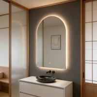 China Vintage French Aluminum Alloy Wall-Mounted Smart IP44 Bathroom Makeup Mirror Touch Screen Arched Salon Hotel Villa for sale