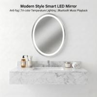 China Kingstin Custom Oval LED Mirror Smart Bathroom Frameless Illuminated Mirror Anti-Fog Bluetooth Music 3-Color Light for sale