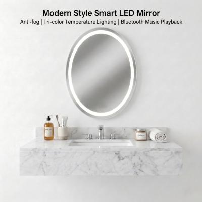 China Kingstin Custom Oval LED Mirror Smart Bathroom Frameless Illuminated Mirror Anti-Fog Bluetooth Music 3-Color Light for sale