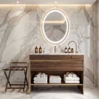 China Kingstin Custom Oval LED Mirror Smart Bathroom Frameless Illuminated Mirror Anti-Fog Bluetooth Music 3-Color Light for sale