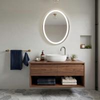 China Kingstin Custom Oval LED Mirror Smart Bathroom Frameless Illuminated Mirror Anti-Fog Bluetooth Music 3-Color Light for sale