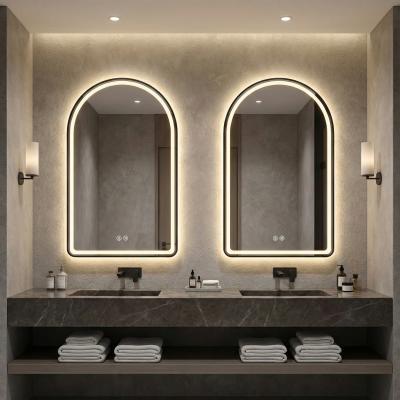China Smart Touch Modern Fogless Anti Fog Framed White Lighted Illuminated Frontlit Led With Lights Arched Bathroom Mirror for sale