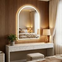 China Smart Touch Modern Fogless Anti Fog Framed White Lighted Illuminated Frontlit Led With Lights Arched Bathroom Mirror for sale