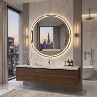China Kingstin Custom Round Smart LED Mirror Stainless Steel Bathroom Vanity Anti-Fog Bluetooth Music Wall Mirror for sale