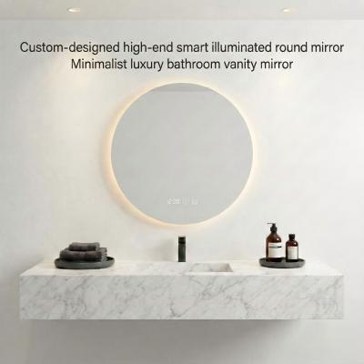 China Kingstin Round Frameless LED Bathroom Mirror Backlit Anti-Fog Vanity Mirror with 3-Color Light Time Display Touch Control for sale