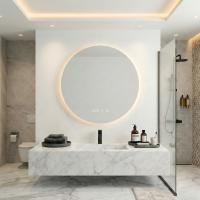 China Kingstin Round Frameless LED Bathroom Mirror Backlit Anti-Fog Vanity Mirror with 3-Color Light Time Display Touch Control for sale