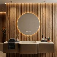 China Kingstin Round Frameless LED Bathroom Mirror Backlit Anti-Fog Vanity Mirror with 3-Color Light Time Display Touch Control for sale