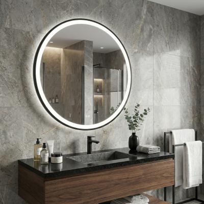 China Kingstin Custom Metal Frame LED Bathroom Mirror, Round Wall Mounted Vanity Mirror with 3 Colors, Anti-Fog & Dimmable for sale