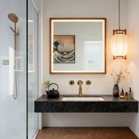 China Kingstin Anti-Fog Backlit LED Bathroom Mirror - Stainless Frame Wall-Mounted Vanity Mirror for Wooden Style Bathrooms for sale