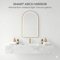 China Kingstin Arch Smart LED Bathroom Vanity Mirror with Time Display 3 Colors Dimmable Aluminum Gold Frame Backlit Wall Mounted for sale