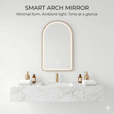 China Kingstin Arch Smart LED Bathroom Vanity Mirror with Time Display 3 Colors Dimmable Aluminum Gold Frame Backlit Wall Mounted for sale