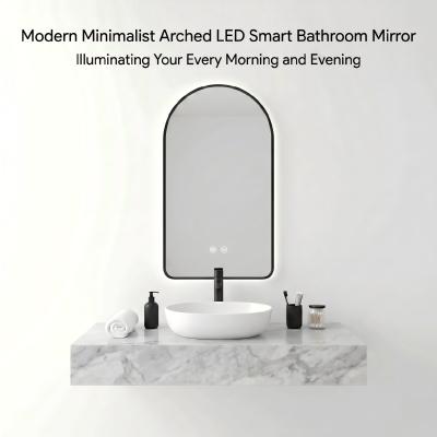 China Kingstin Modern Arched LED Smart Mirror | Stainless Steel Framed Bathroom Vanity Mirror with Defogger & Custom Functions for sale