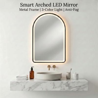 China Kingstin Smart Arched LED Mirror Metal Frame 3-Color Light Anti-Fog Wall Makeup Mirror for sale