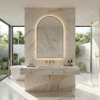 China Kingstin Arched LED Backlit Mirror Modern Minimalist Wall Vanity Mirror Stainless Steel Frame Luxury Bathroom Smart Mirror for sale