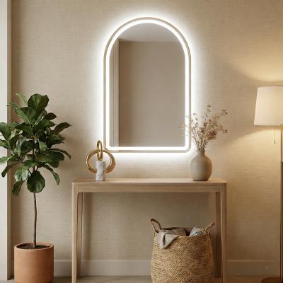 China Modern LED Bathroom Mirror Golden Metal Wall Half Circle Arch Illuminated Bedroom Wide Arched Makeup Mirror for Villa Hotel Use for sale