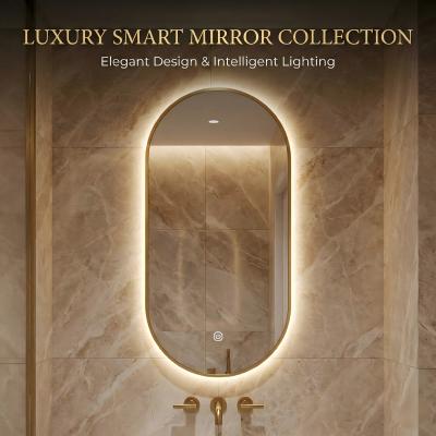 China Kingstin Modern Oval Smart LED Mirror Bathroom Backlit Wall Mirror Gold Metal Frame Anti-Fog Makeup Mirror for sale