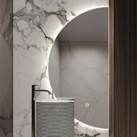China Luxurious Modern Half Moon LED Light Frameless Bathroom Vanity Mirror Touch Switch IP44 3-year Warranty Plug Powered Hotels for sale