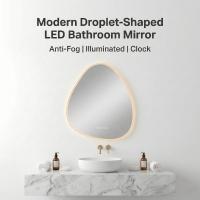 China Kingstin Frameless LED Bathroom Mirror, Droplet Shape, Anti-Fog, Dimmable 3-Color Light, Smart Time Display, Wall Mounted for sale