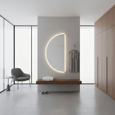 China Kingstin Smart Half Moon LED Mirror Backlit Semicircle Wall Mirror Dimmable Touch Switch Makeup Mirror for Bathroom Decor for sale