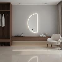 China Kingstin Smart Half Moon LED Mirror Backlit Semicircle Wall Mirror Dimmable Touch Switch Makeup Mirror for Bathroom Decor for sale