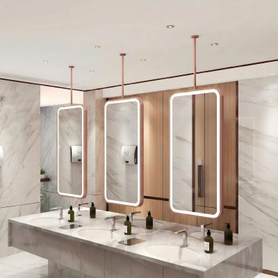 China Kingstin Suspended Ceiling LED Mirror for Bathroom Island | Smart Touch Dimmable & Anti-Fog | Custom Height Rod Hotel Projects. for sale