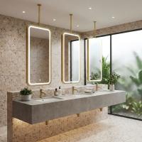 China Kingstin Suspended Ceiling LED Mirror for Bathroom Island | Smart Touch Dimmable & Anti-Fog | Custom Height Rod Hotel Projects. for sale