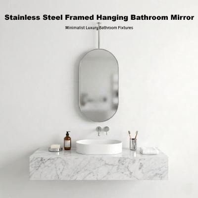 China Kingstin Custom Stainless Steel Ceiling Mounted Oval Bathroom Mirror, Hanging Vanity Mirror for Hotel & Villa for sale